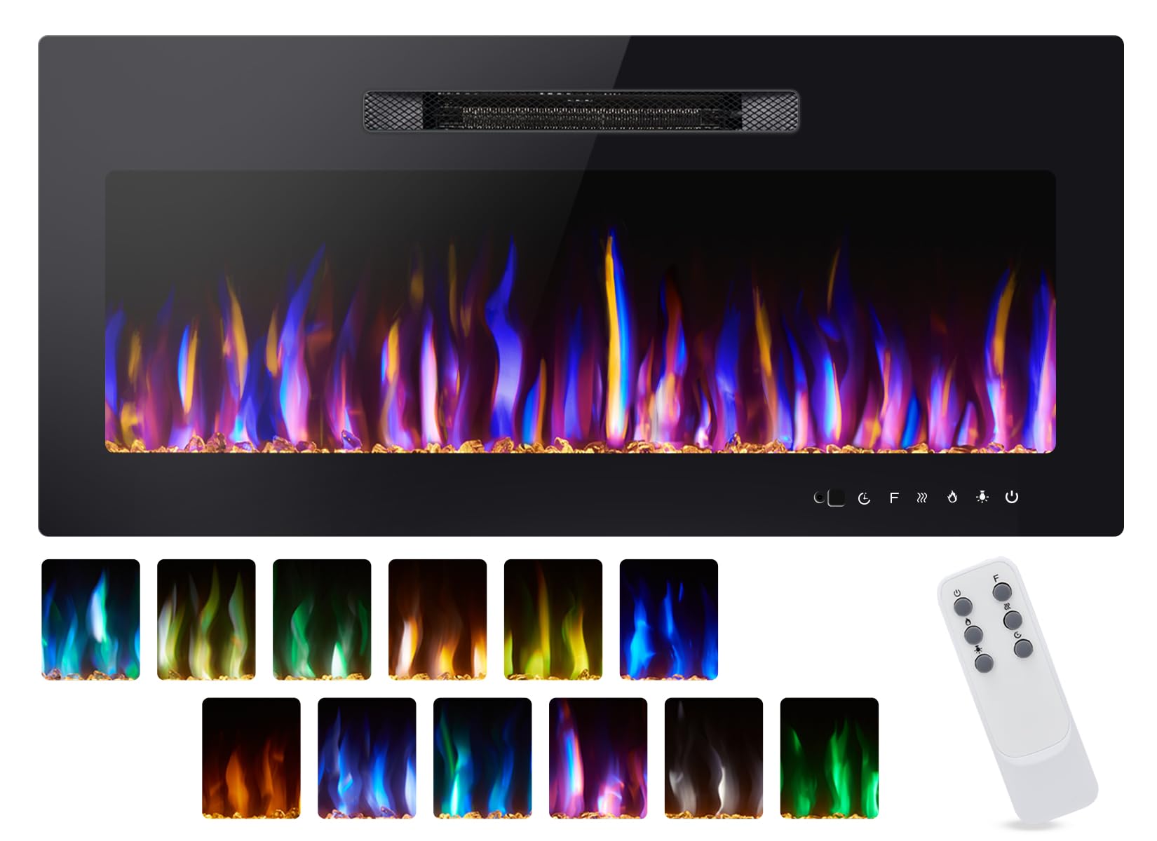 BETELNUT 40" Electric Fireplace Wall Mounted and Recessed w/144 Combination Colors & 5 Brightness,750/1500W Fireplace Heater w/Timer,Low Noise,Remote Control & Touch Screen,Log Set & Crystal Option