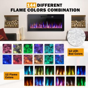 BETELNUT 40" Electric Fireplace Wall Mounted and Recessed w/144 Combination Colors & 5 Brightness,750/1500W Fireplace Heater w/Timer,Low Noise,Remote Control & Touch Screen,Log Set & Crystal Option