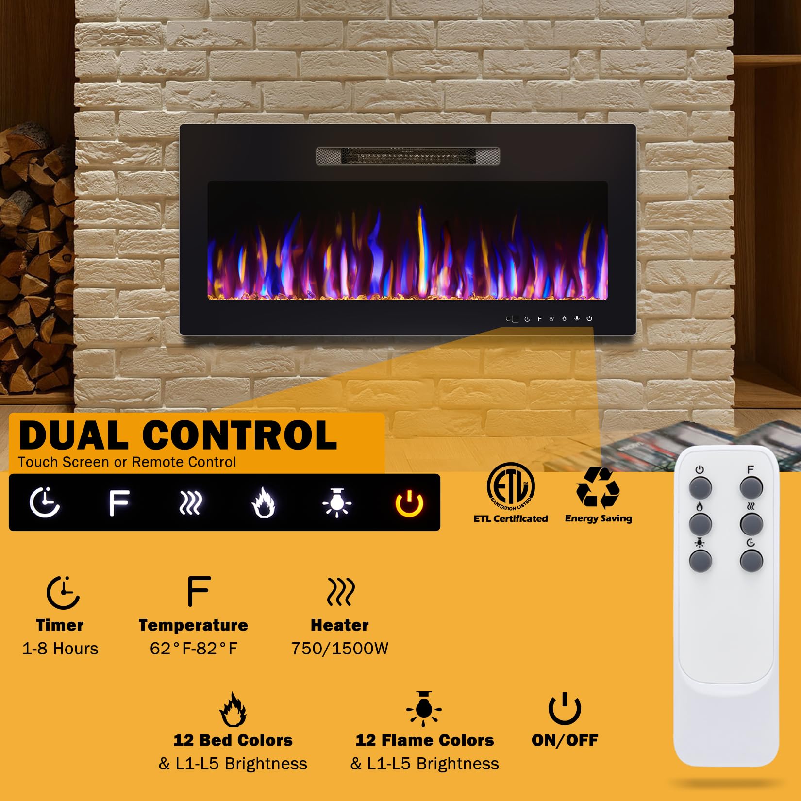 BETELNUT 40" Electric Fireplace Wall Mounted and Recessed w/144 Combination Colors & 5 Brightness,750/1500W Fireplace Heater w/Timer,Low Noise,Remote Control & Touch Screen,Log Set & Crystal Option