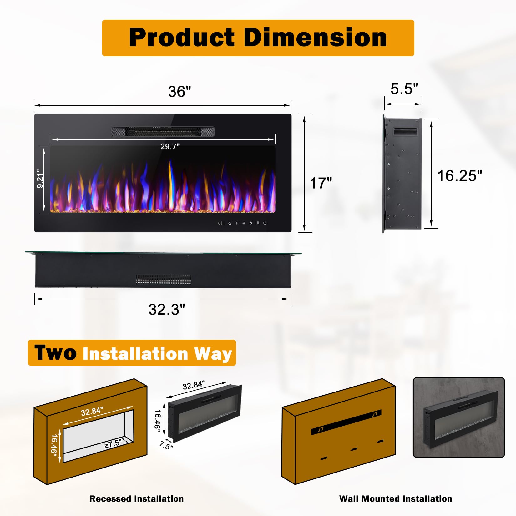 BETELNUT 40" Electric Fireplace Wall Mounted and Recessed w/144 Combination Colors & 5 Brightness,750/1500W Fireplace Heater w/Timer,Low Noise,Remote Control & Touch Screen,Log Set & Crystal Option