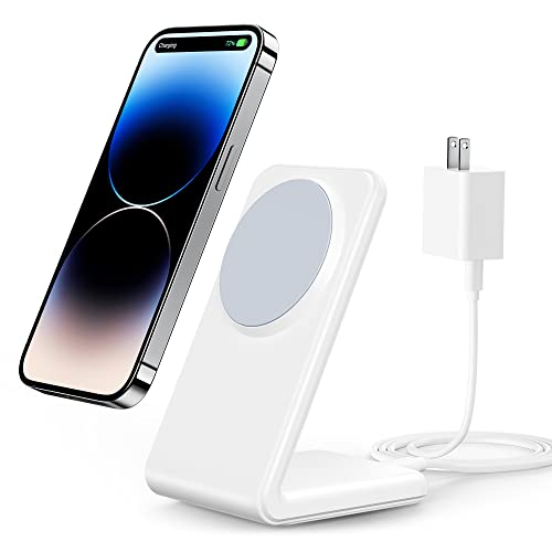 Meifigno Magnetic Wireless Charger for iPhone 15/14/13/12 Series, Fast Charging with PD3.0 20W USB-C Adapter & Charging Cable MagSafe Charger Stand for iPhone 15 14 13 12 Pro Max Plus Mini, White