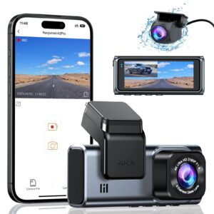 dash cam front and rear 4k+1080p wifi dash camera for cars with app, 24 hours parking mode, g-sensor, loop recording, support 256gb max