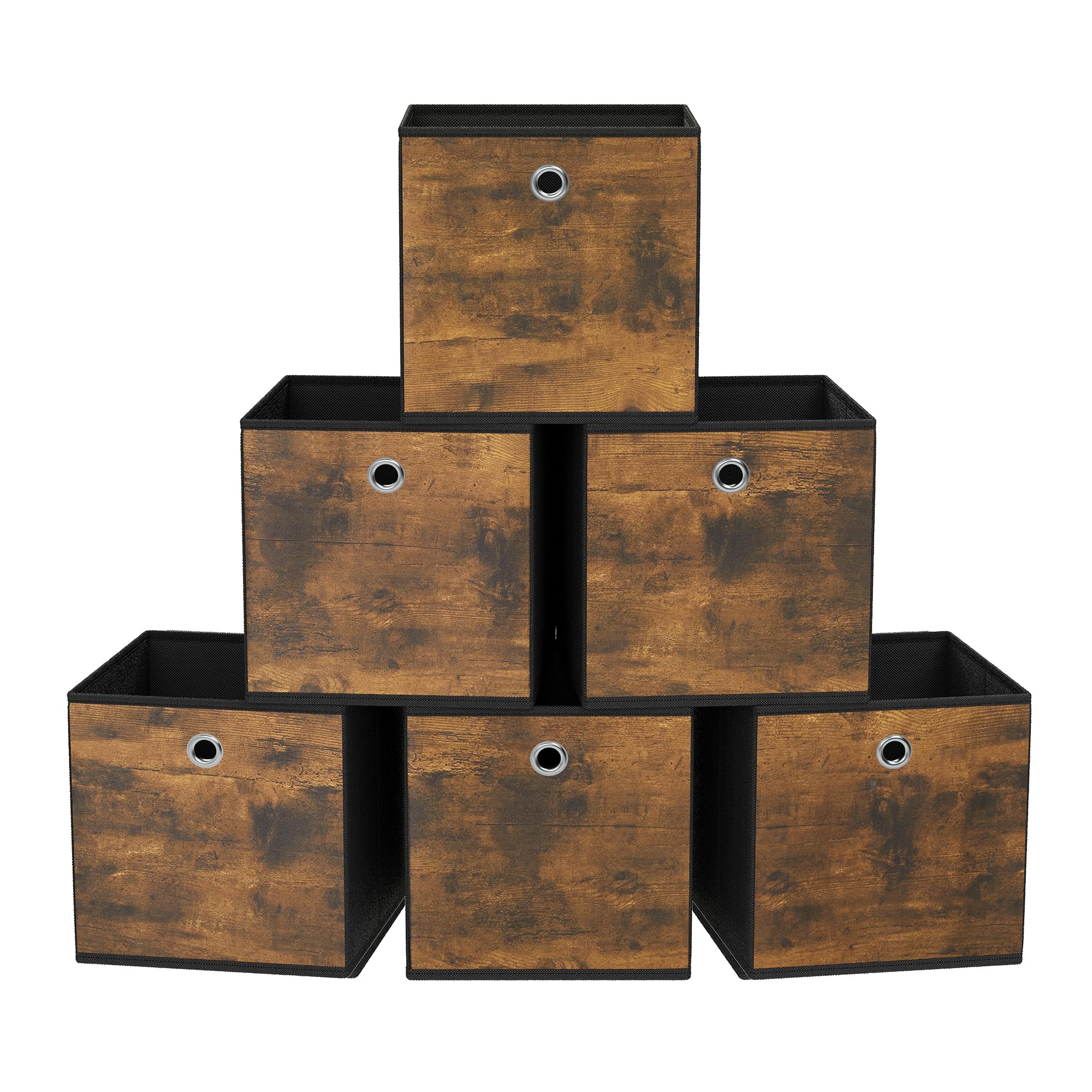 SONGMICS Storage Cubes, Set of 6 Storage Bins with Handles, Foldable Oxford Fabric and Non-Woven Fabric Storage Boxes, 10.2x10.2x11 Inches, Fit Cube Storage Unit, Rustic Brown and Black URFB126B01