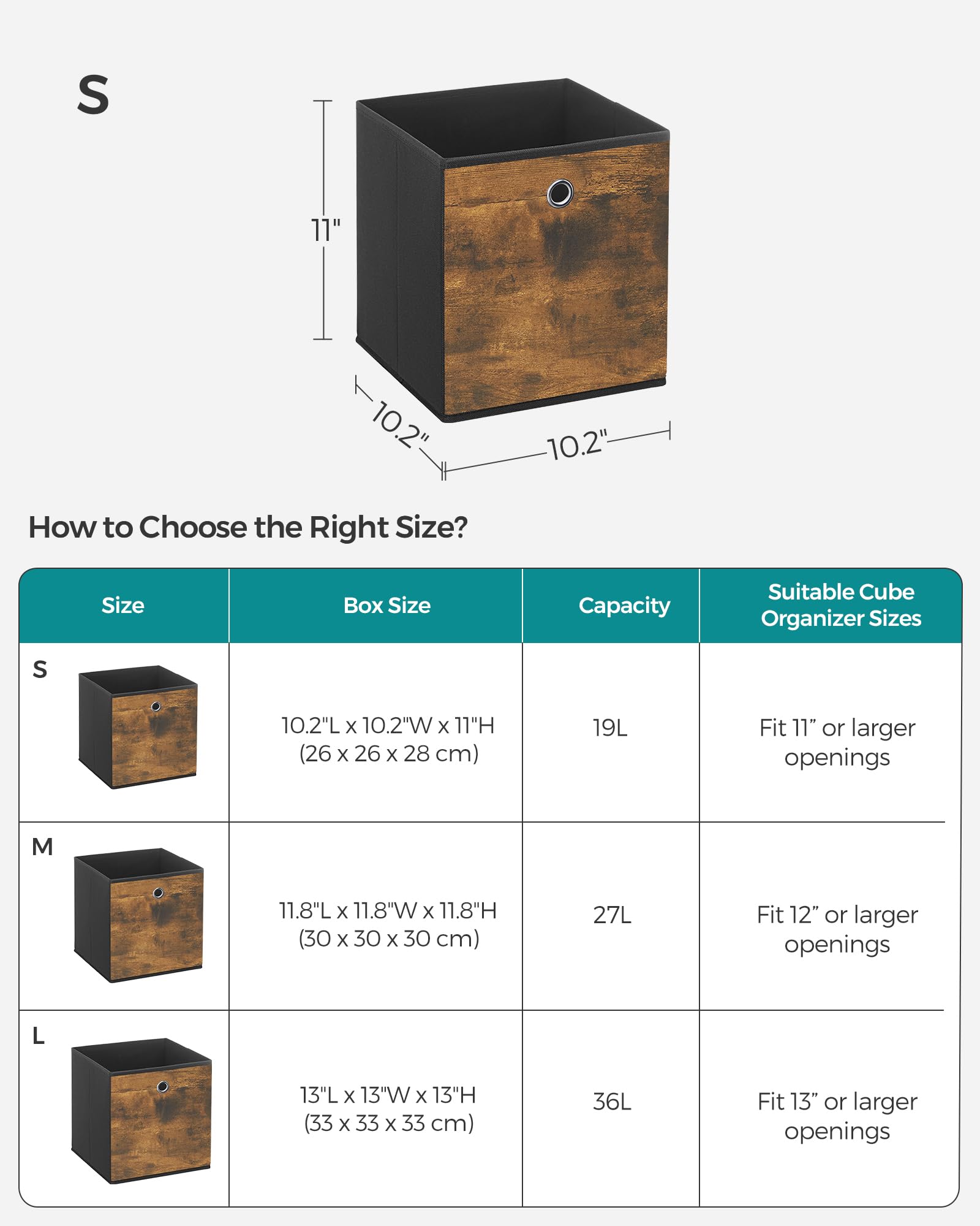 SONGMICS Storage Cubes, Set of 6 Storage Bins with Handles, Foldable Oxford Fabric and Non-Woven Fabric Storage Boxes, 10.2x10.2x11 Inches, Fit Cube Storage Unit, Rustic Brown and Black URFB126B01