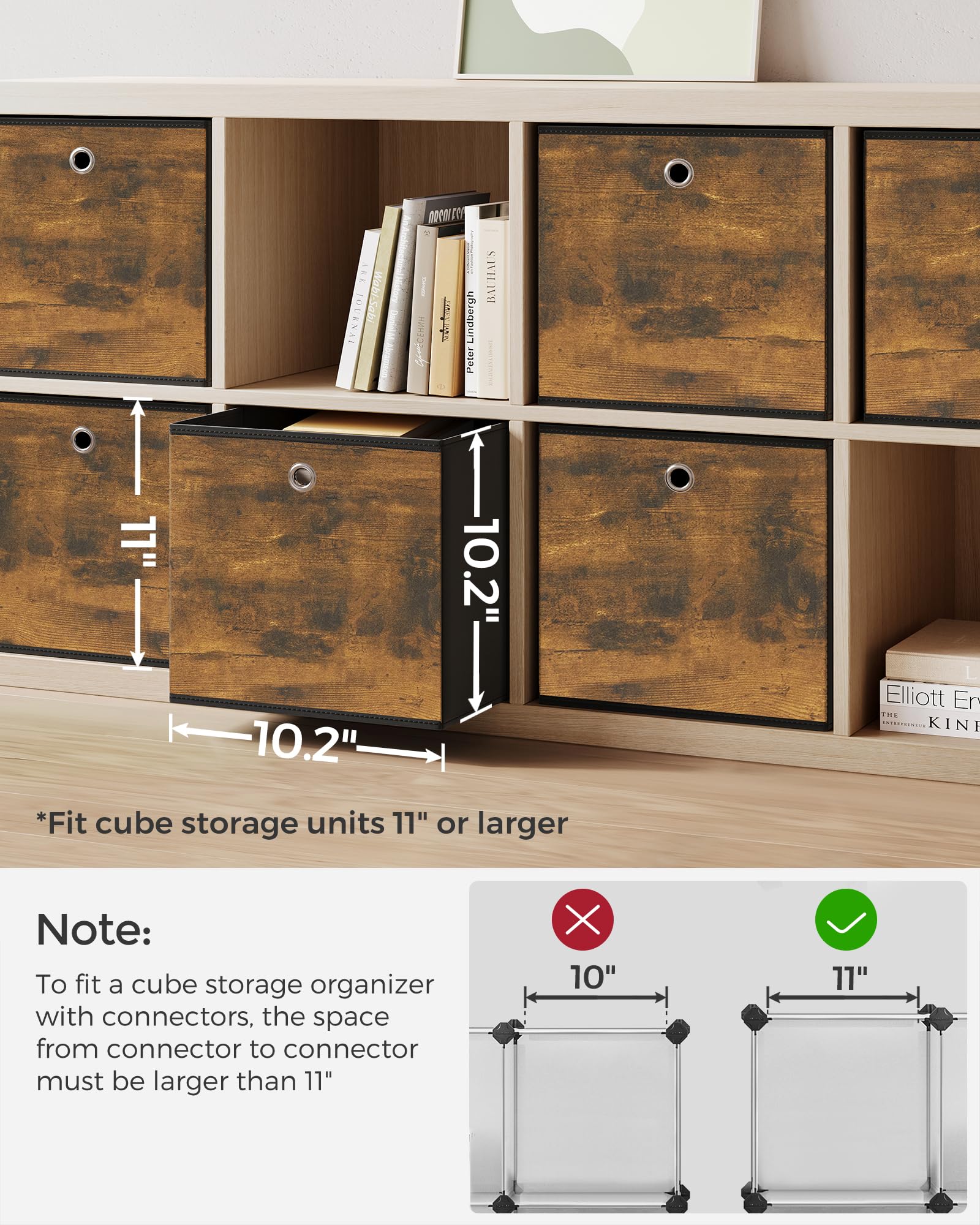 SONGMICS Storage Cubes, Set of 6 Storage Bins with Handles, Foldable Oxford Fabric and Non-Woven Fabric Storage Boxes, 10.2x10.2x11 Inches, Fit Cube Storage Unit, Rustic Brown and Black URFB126B01