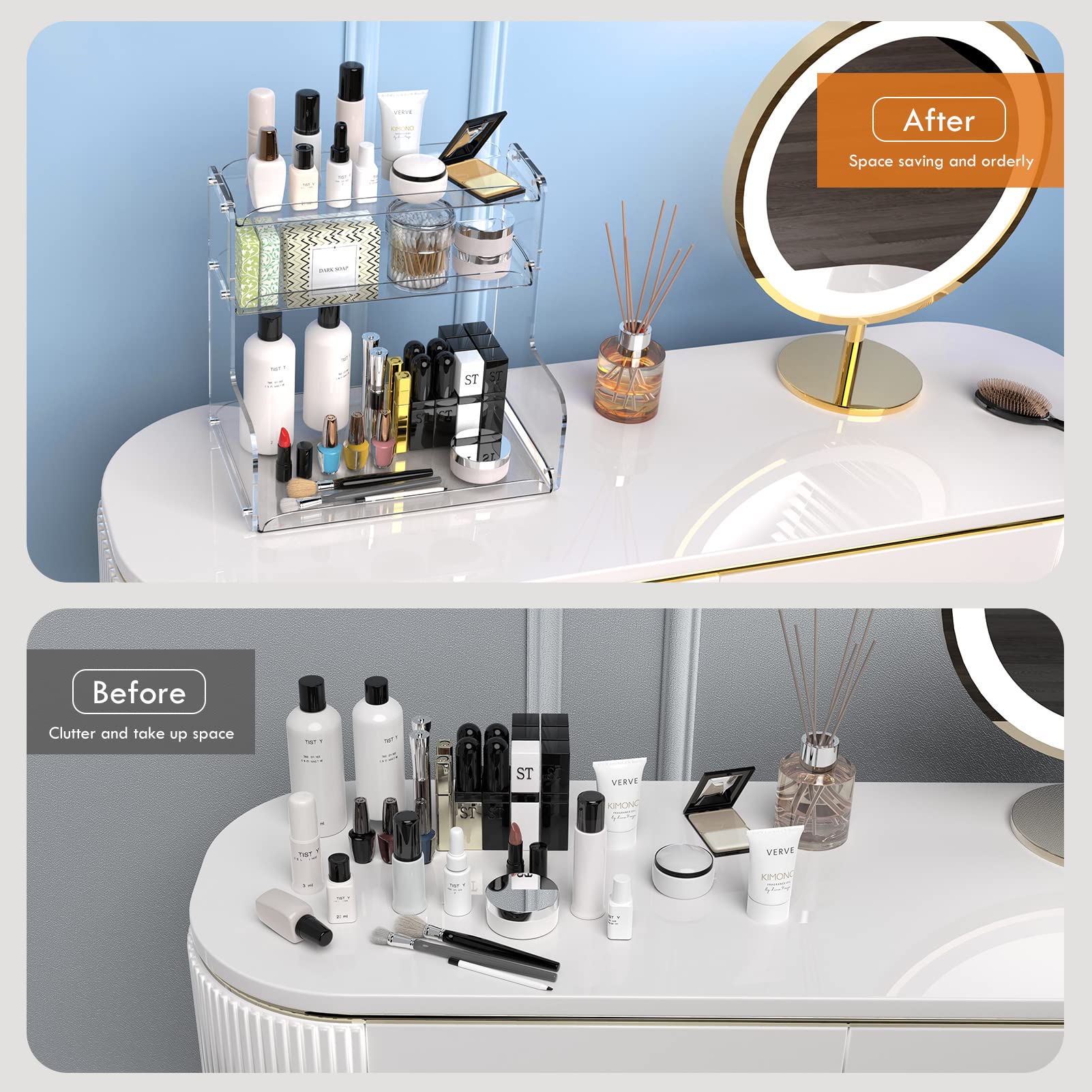 PEKVIZK 3-Tier Bathroom Countertop Organizer, Acrylic Vanity Tray for Spice Rack, Storage Shelf, Cosmetic & Make-up Storage, Under Sink Organizer for Bathroom, Kitchen, Living Room, Bedroom