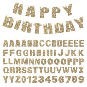 rubfac 72pcs diy happy birthday letters banner kit, glitter customizable banner kit including 67 letters and numbers 3 rope and 2 lights, personalized banner wall decor for birthday party