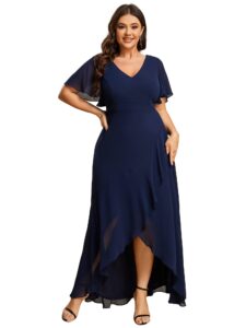 ever-pretty plus women's v neck ruffle hem short sleeves a-line plus size wedding guest dress navy blue us20