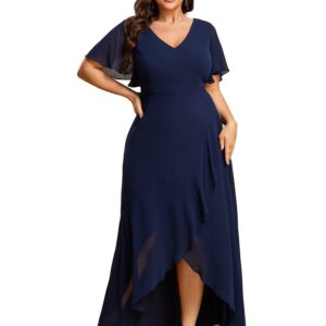 Ever-Pretty Plus Women's V Neck Ruffle Hem Short Sleeves A-line Plus Size Wedding Guest Dress Navy Blue US20