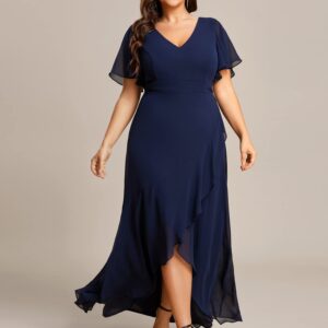 Ever-Pretty Plus Women's V Neck Ruffle Hem Short Sleeves A-line Plus Size Wedding Guest Dress Navy Blue US20