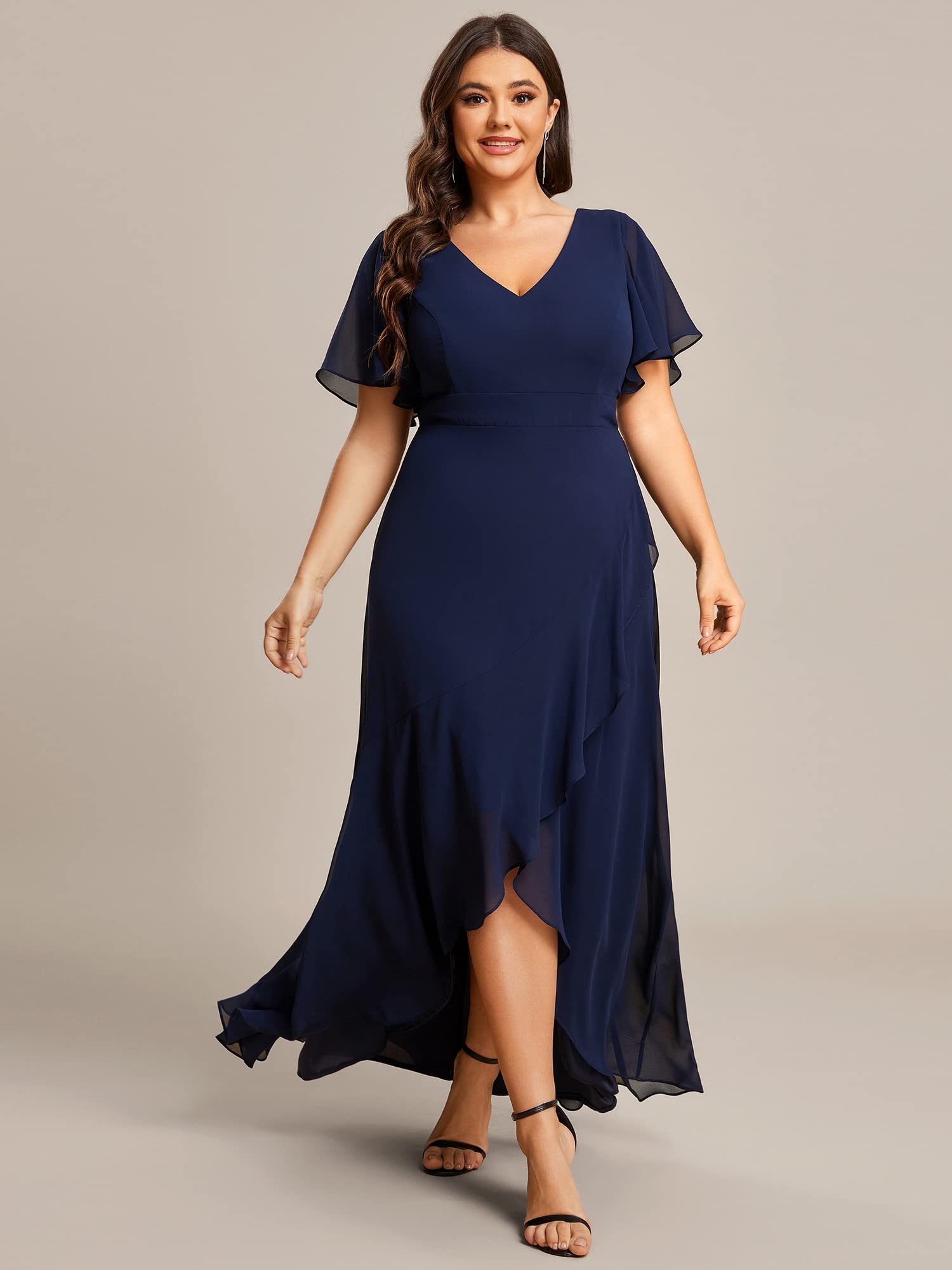 Ever-Pretty Plus Women's V Neck Ruffle Hem Short Sleeves A-line Plus Size Wedding Guest Dress Navy Blue US20