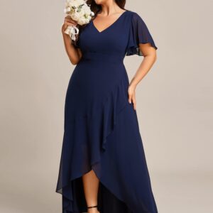 Ever-Pretty Plus Women's V Neck Ruffle Hem Short Sleeves A-line Plus Size Wedding Guest Dress Navy Blue US20