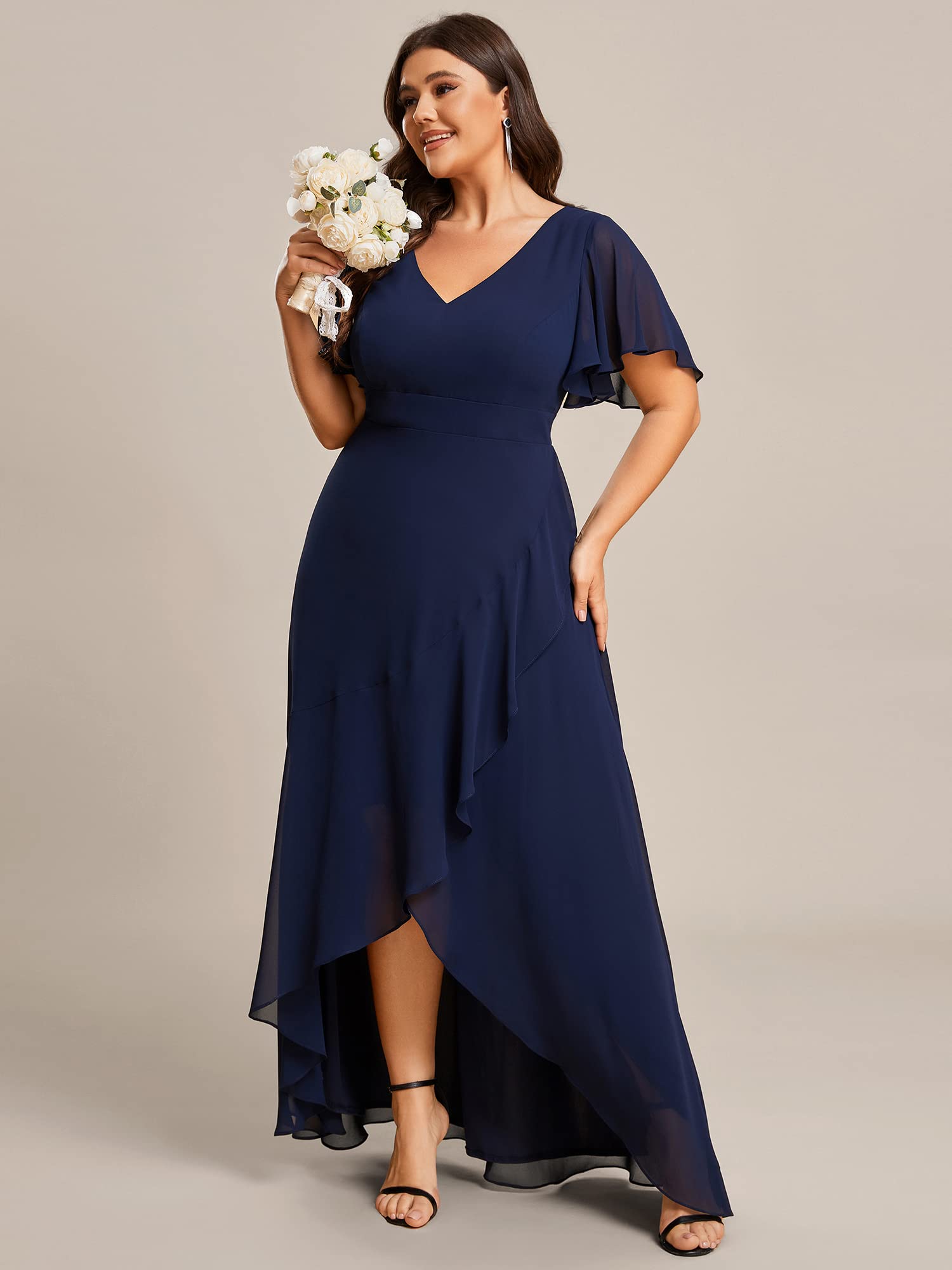 Ever-Pretty Plus Women's V Neck Ruffle Hem Short Sleeves A-line Plus Size Wedding Guest Dress Navy Blue US20