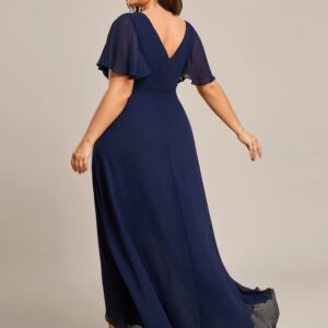 Ever-Pretty Plus Women's V Neck Ruffle Hem Short Sleeves A-line Plus Size Wedding Guest Dress Navy Blue US20