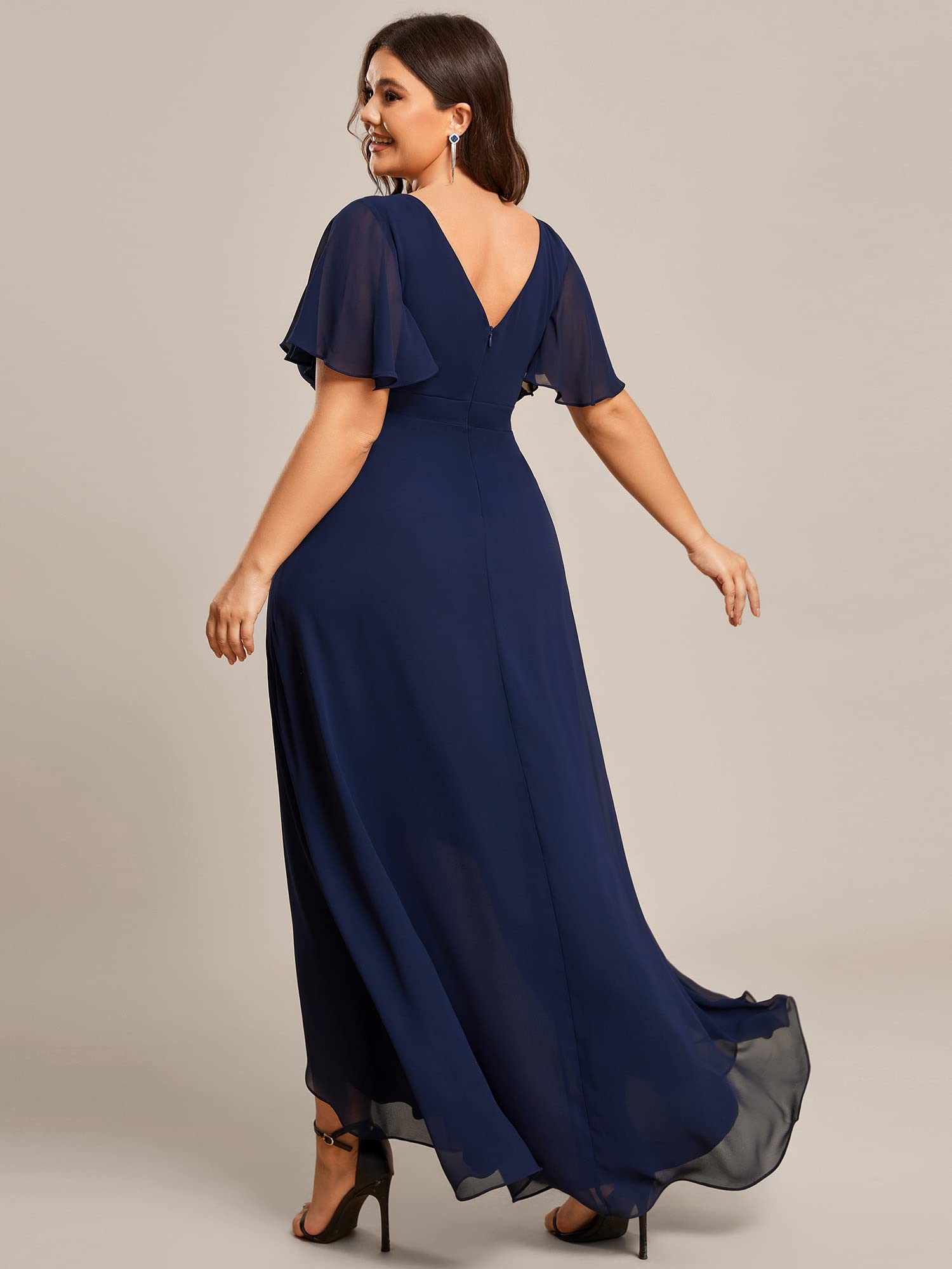 Ever-Pretty Plus Women's V Neck Ruffle Hem Short Sleeves A-line Plus Size Wedding Guest Dress Navy Blue US20