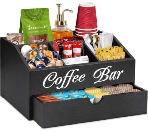 coffee bar organizer countertop, wooden coffee bar accessories organizer with drawer, coffee station organizer coffee pods holder storage basket, farmhouse coffee and tea condiment organizer station