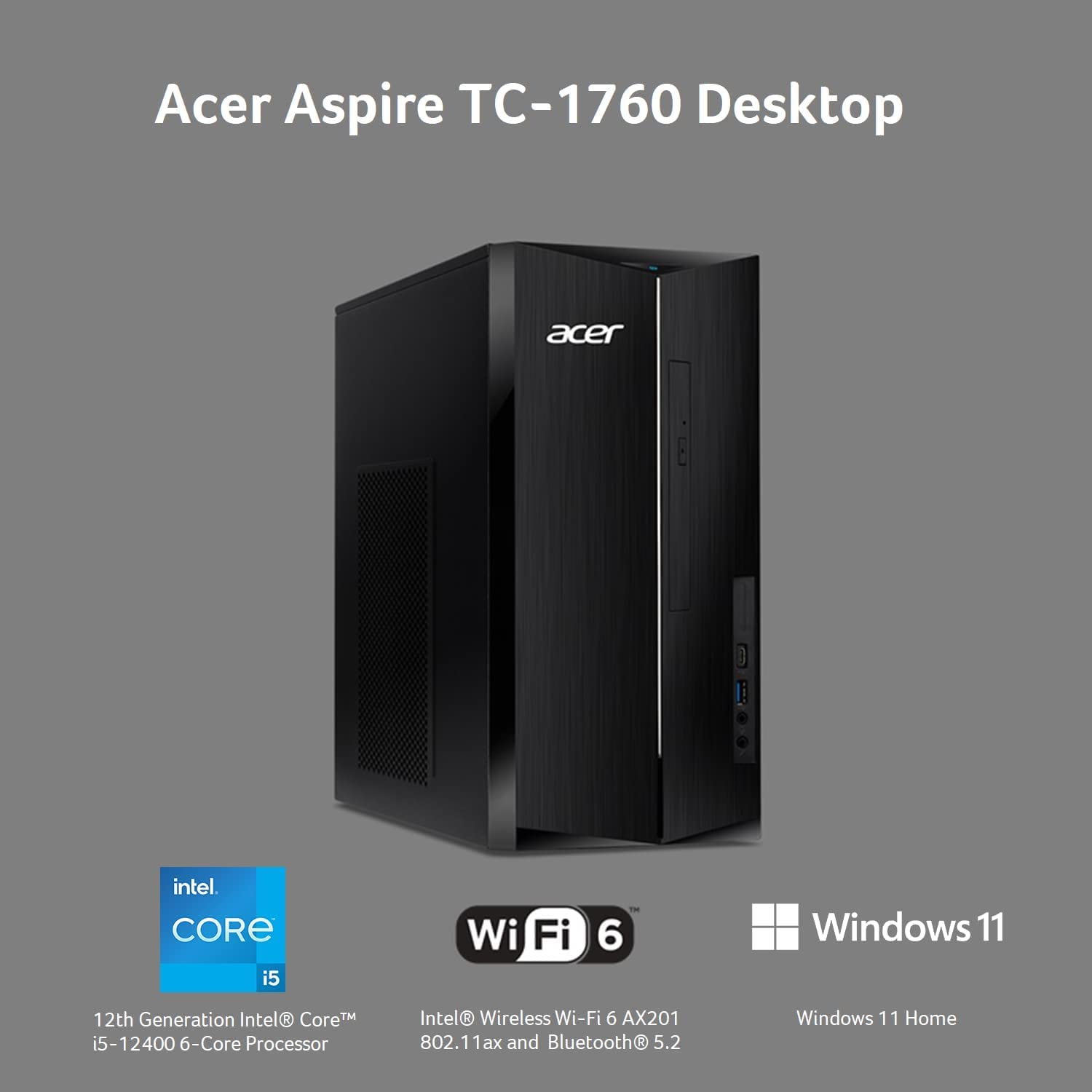 acer 2023 Aspire TC-1760 Desktop PC Intel 12th Gen 6-Core i5-12400 16GB RAM 512GB PCIe SSD 1TB HDD NVIDIA GTX 1660 Super GDDR6 6GB HDMI DP DVI-D USB-C WiFi AC BT RJ-45 Windows 11 Pro w/RE USB Drive