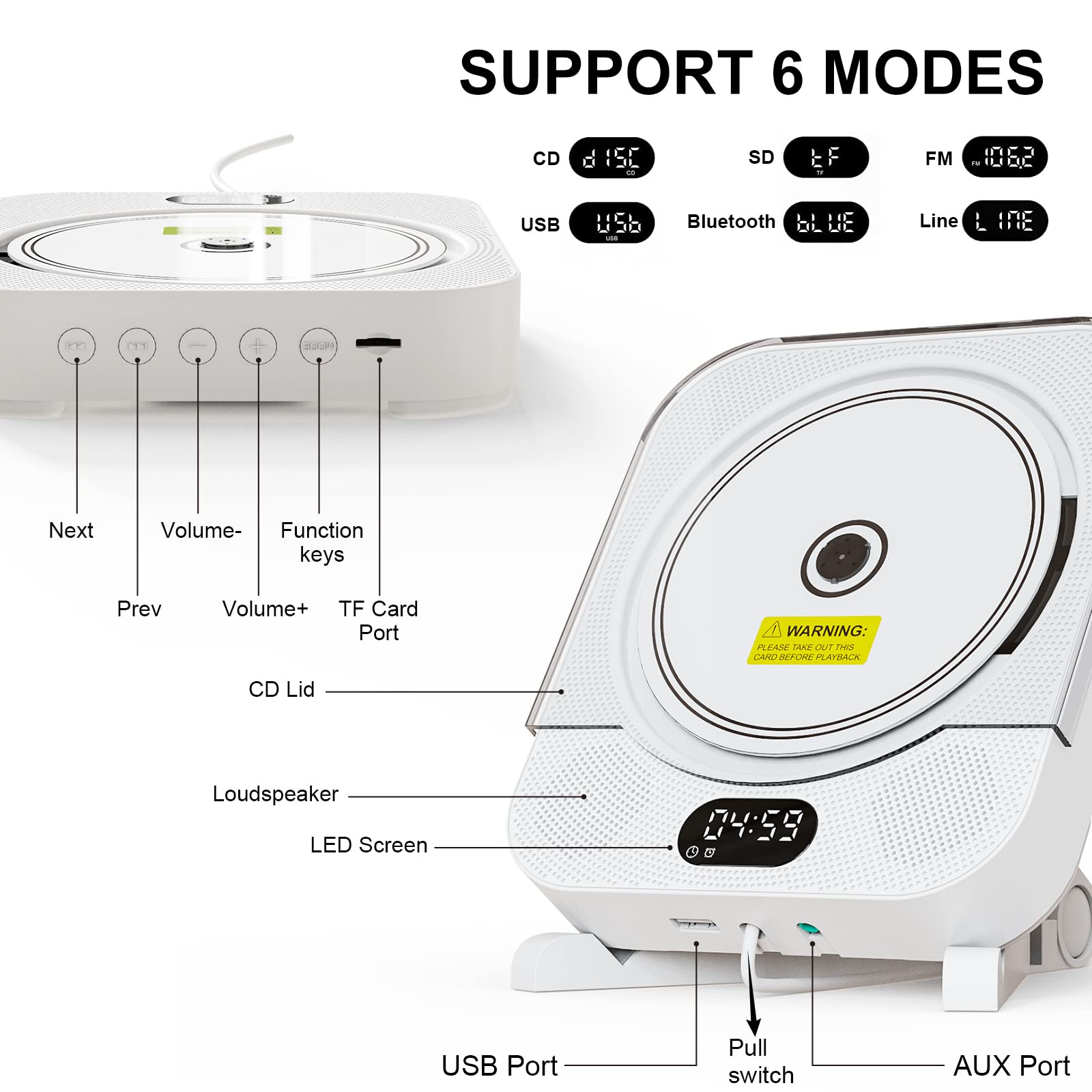 CD Player Kpop Wired with Bluetooth Speakers,Wall/Desk CD Players for Home,Stereo Music Player for Kids/Seniors with Boombox,FM Radio with Remote Control,Support LED/Copy/Alarm Clock/USB/TF/AUX-White