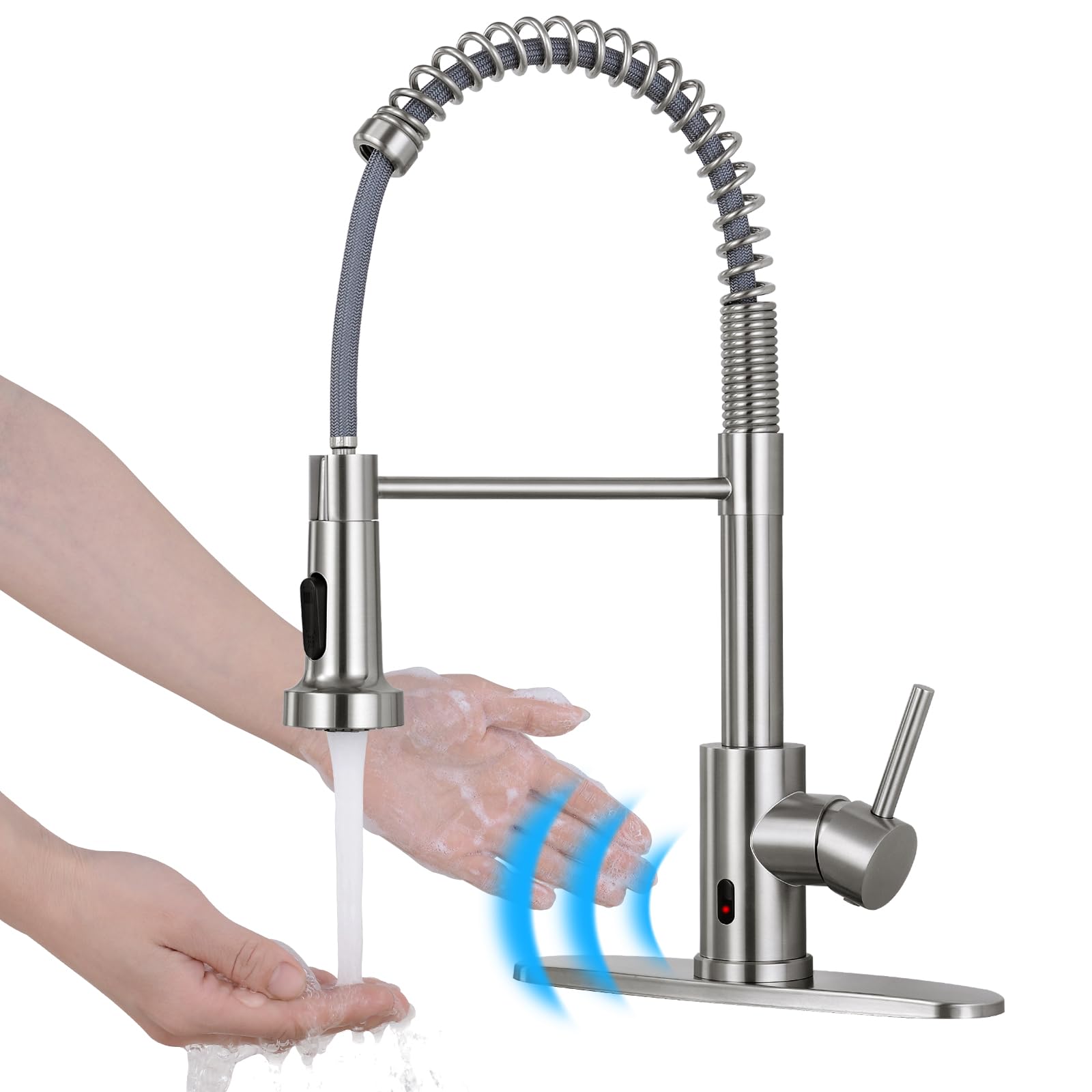 DJS Kitchen Faucets with Pull Down Sprayer Brushed Nickel -【Touchless】Single Handle 1 or 3 Holes Spring Kitchen Sink Faucet with Deck Plate for Farmhouse RV Vessel Basin