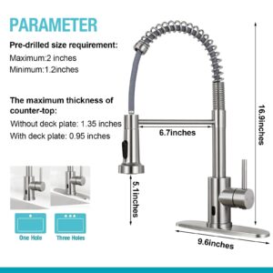 DJS Kitchen Faucets with Pull Down Sprayer Brushed Nickel -【Touchless】Single Handle 1 or 3 Holes Spring Kitchen Sink Faucet with Deck Plate for Farmhouse RV Vessel Basin