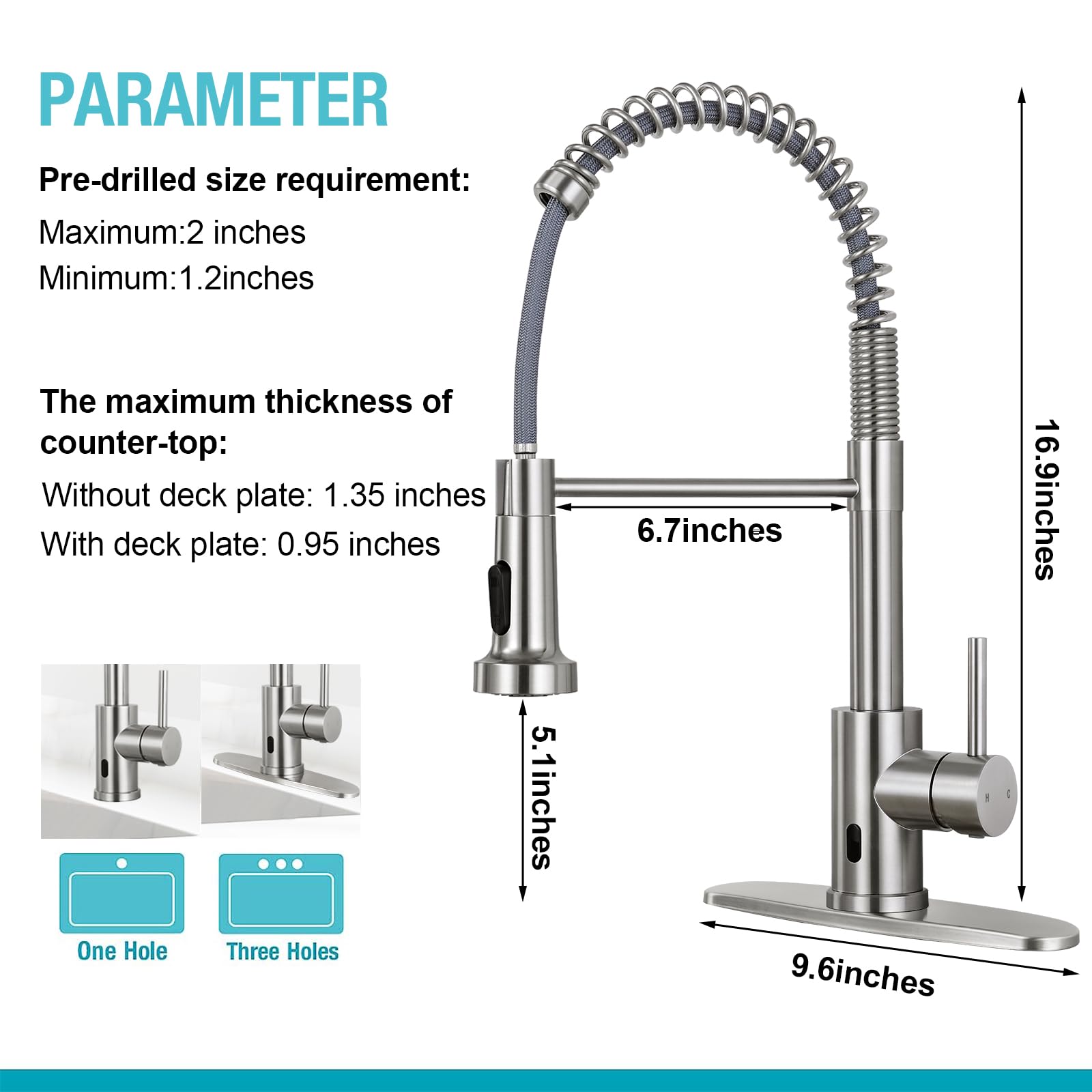 DJS Kitchen Faucets with Pull Down Sprayer Brushed Nickel -【Touchless】Single Handle 1 or 3 Holes Spring Kitchen Sink Faucet with Deck Plate for Farmhouse RV Vessel Basin