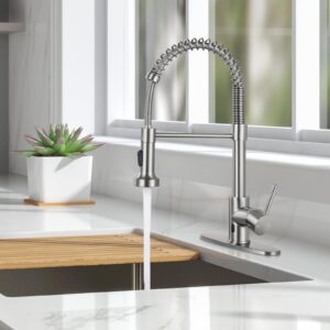 DJS Kitchen Faucets with Pull Down Sprayer Brushed Nickel -【Touchless】Single Handle 1 or 3 Holes Spring Kitchen Sink Faucet with Deck Plate for Farmhouse RV Vessel Basin