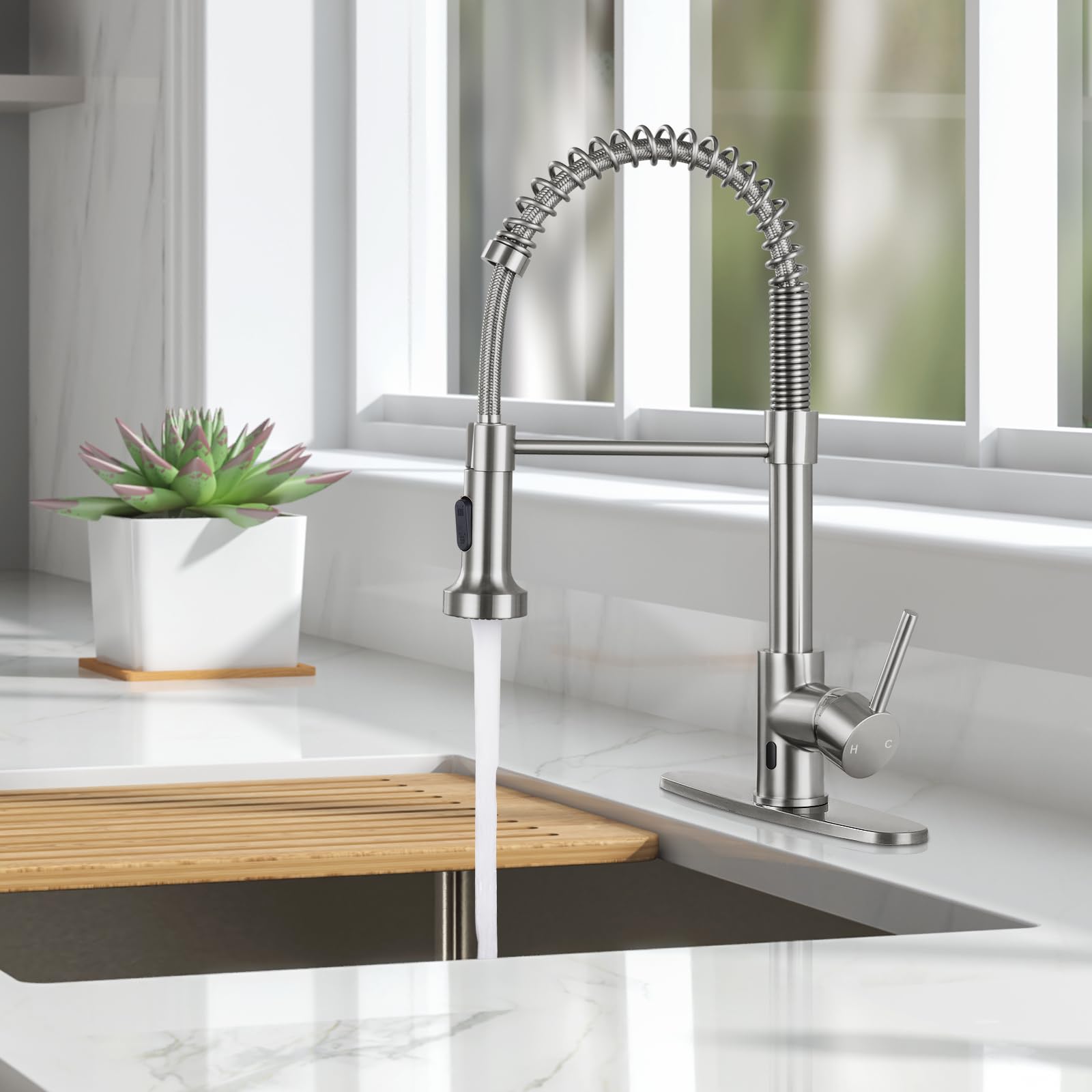 DJS Kitchen Faucets with Pull Down Sprayer Brushed Nickel -【Touchless】Single Handle 1 or 3 Holes Spring Kitchen Sink Faucet with Deck Plate for Farmhouse RV Vessel Basin