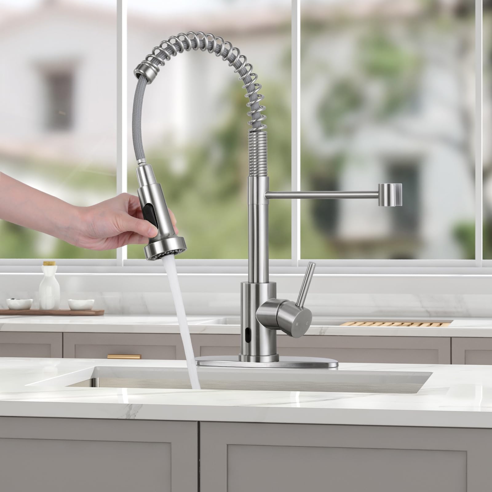 DJS Kitchen Faucets with Pull Down Sprayer Brushed Nickel -【Touchless】Single Handle 1 or 3 Holes Spring Kitchen Sink Faucet with Deck Plate for Farmhouse RV Vessel Basin