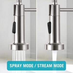 DJS Kitchen Faucets with Pull Down Sprayer Brushed Nickel -【Touchless】Single Handle 1 or 3 Holes Spring Kitchen Sink Faucet with Deck Plate for Farmhouse RV Vessel Basin