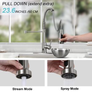 DJS Kitchen Faucets with Pull Down Sprayer Brushed Nickel -【Touchless】Single Handle 1 or 3 Holes Spring Kitchen Sink Faucet with Deck Plate for Farmhouse RV Vessel Basin