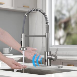 DJS Kitchen Faucets with Pull Down Sprayer Brushed Nickel -【Touchless】Single Handle 1 or 3 Holes Spring Kitchen Sink Faucet with Deck Plate for Farmhouse RV Vessel Basin