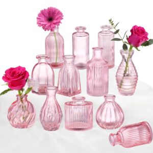 pink glass bud vases in bulk 24, pink vase small glass vases for flowers modern ribbed glass bud vase for decor wedding flower vase bulks vintage decor bridal shower centerpieces home table decoration