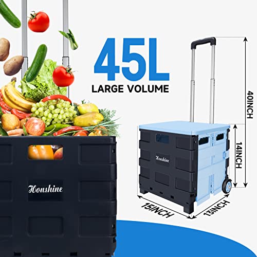 Honshine Collapsible Rolling Crate on Noiseless Wheels, Portable Utility Cart with 45L Large Volume & Telescoping Handle, Trolley Cart for Teacher Grocery File Tool Art Supplies Blue