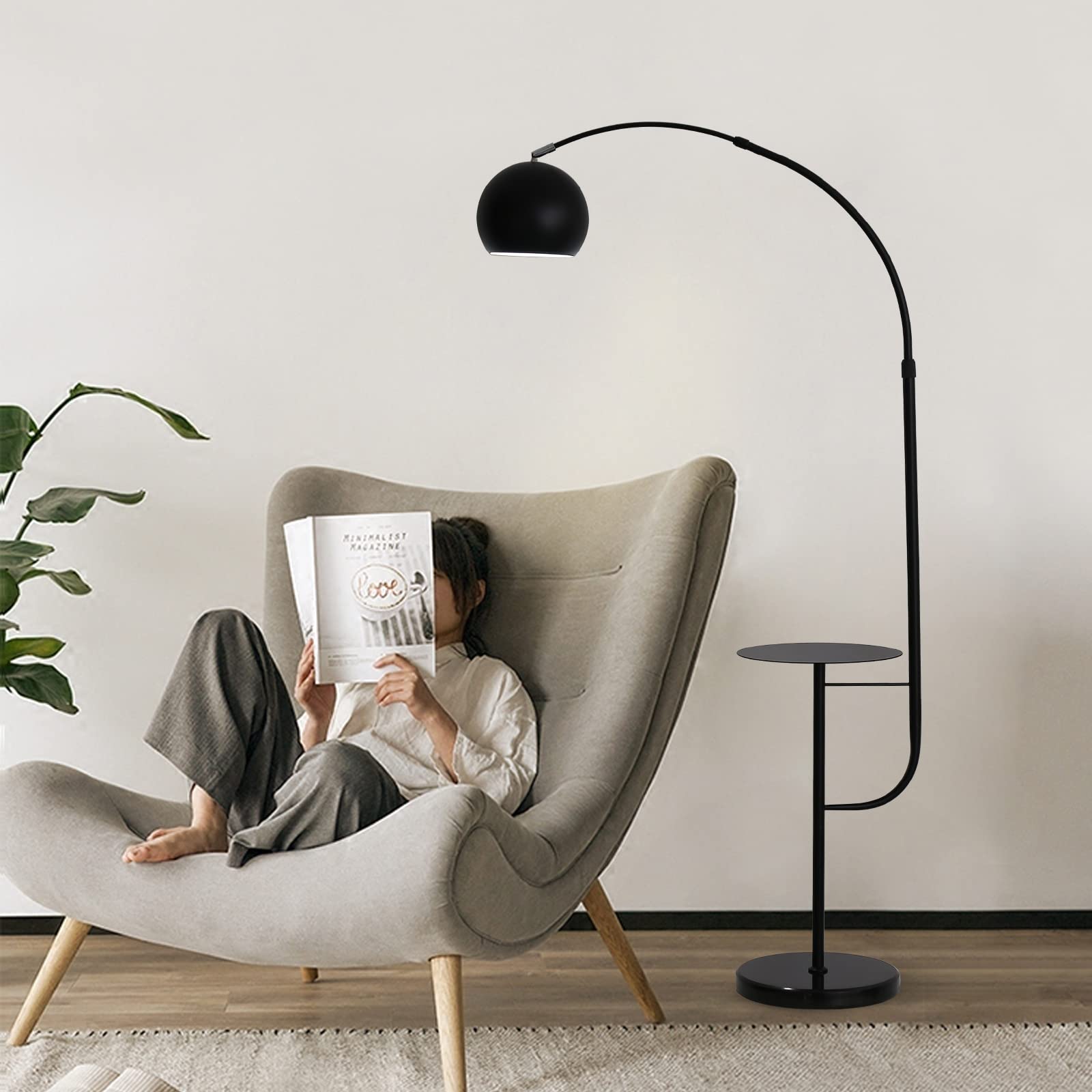 O'NEELDY Modern Black Arc Floor Lamp with Table Attached 71" Height Marble Arched Floor Lamp Curved Tall Shelf Standing Lamp for Living Room, Bedroom, Office, 360° Shade, E26 Bulb Included