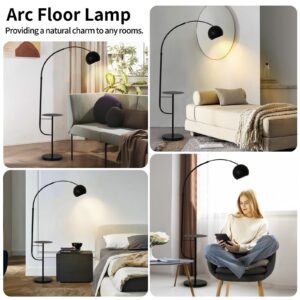 O'NEELDY Modern Black Arc Floor Lamp with Table Attached 71" Height Marble Arched Floor Lamp Curved Tall Shelf Standing Lamp for Living Room, Bedroom, Office, 360° Shade, E26 Bulb Included