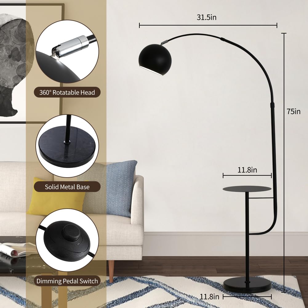 O'NEELDY Modern Black Arc Floor Lamp with Table Attached 71" Height Marble Arched Floor Lamp Curved Tall Shelf Standing Lamp for Living Room, Bedroom, Office, 360° Shade, E26 Bulb Included