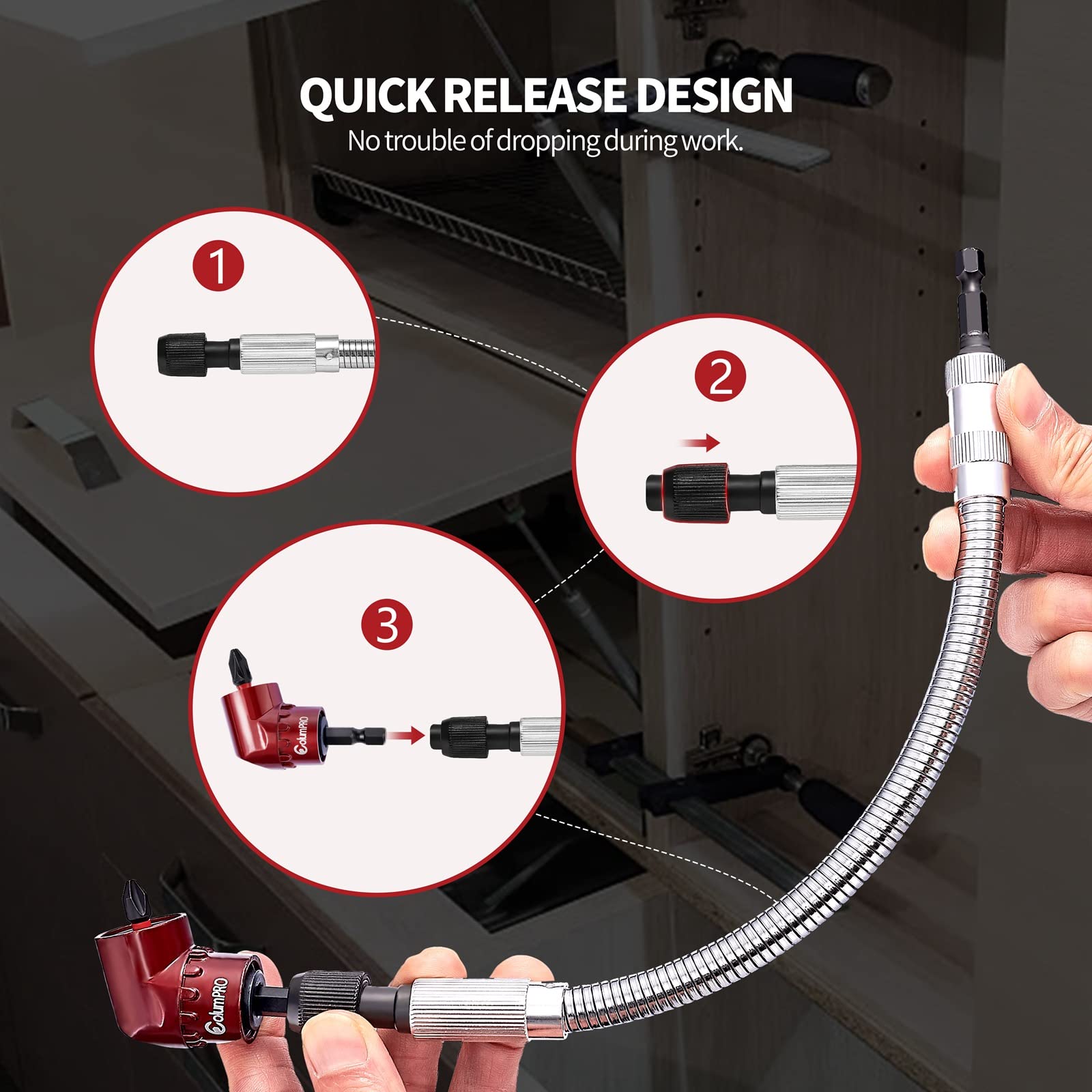 ColumPRO Hex Shank Screwdriver Quick Flexible Drill Bit Extension with Magnetic Right angle Drill Adapter,11.5" Long Flexible Drill Bit Extension