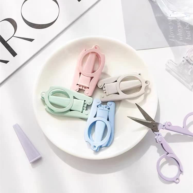 5Pcs Pastel Mini Folding Scissors with Safety Cap Small Telescopic Stainless Steel Scissors Portable Pokect Little Travel Scissors Kids Shears Tiny Cutter for Cutting, Scrapbooking, Crafting, Sewing