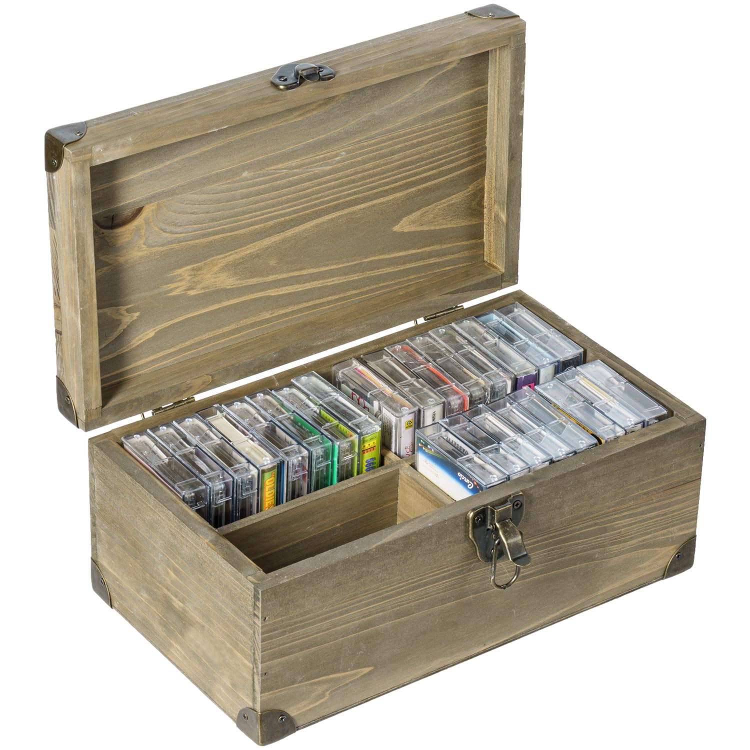 MyGift Vintage Gray Brown Wood Retro Audio Cassette Tape Storage Box with Antique Brass Tone Metal Latch and Brackets, 4 Compartments Hold up to 32 Tapes