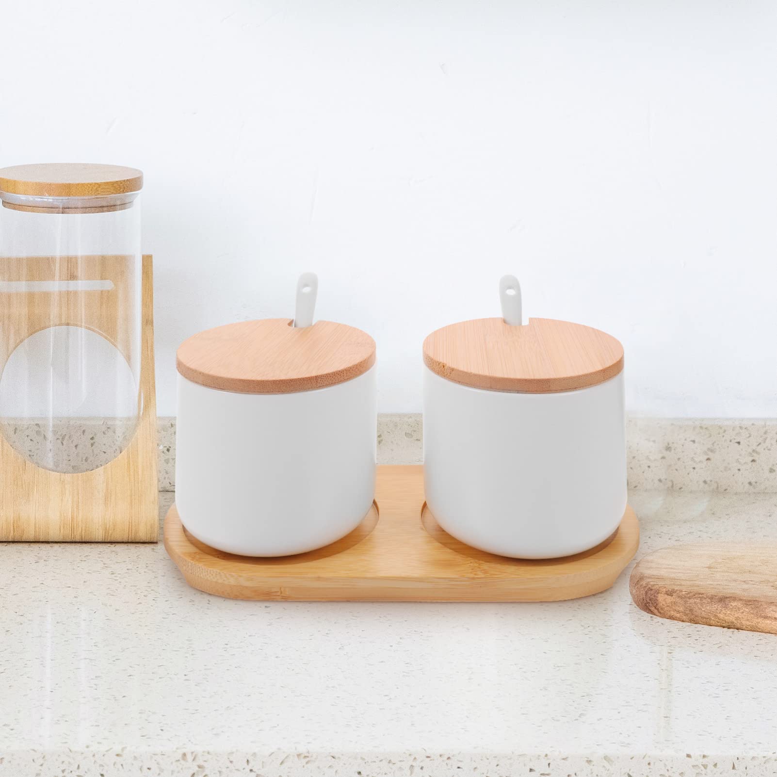 BESTonZON 1 Set Seasoning Jar Set Cruet Bottle Seasoning Jars Seasoning Shakers with Lids Ceramic Sugar Jar Container Salt Shaker Ceramic Seasoning Jar White Seasoning Box Ceramics Bamboo