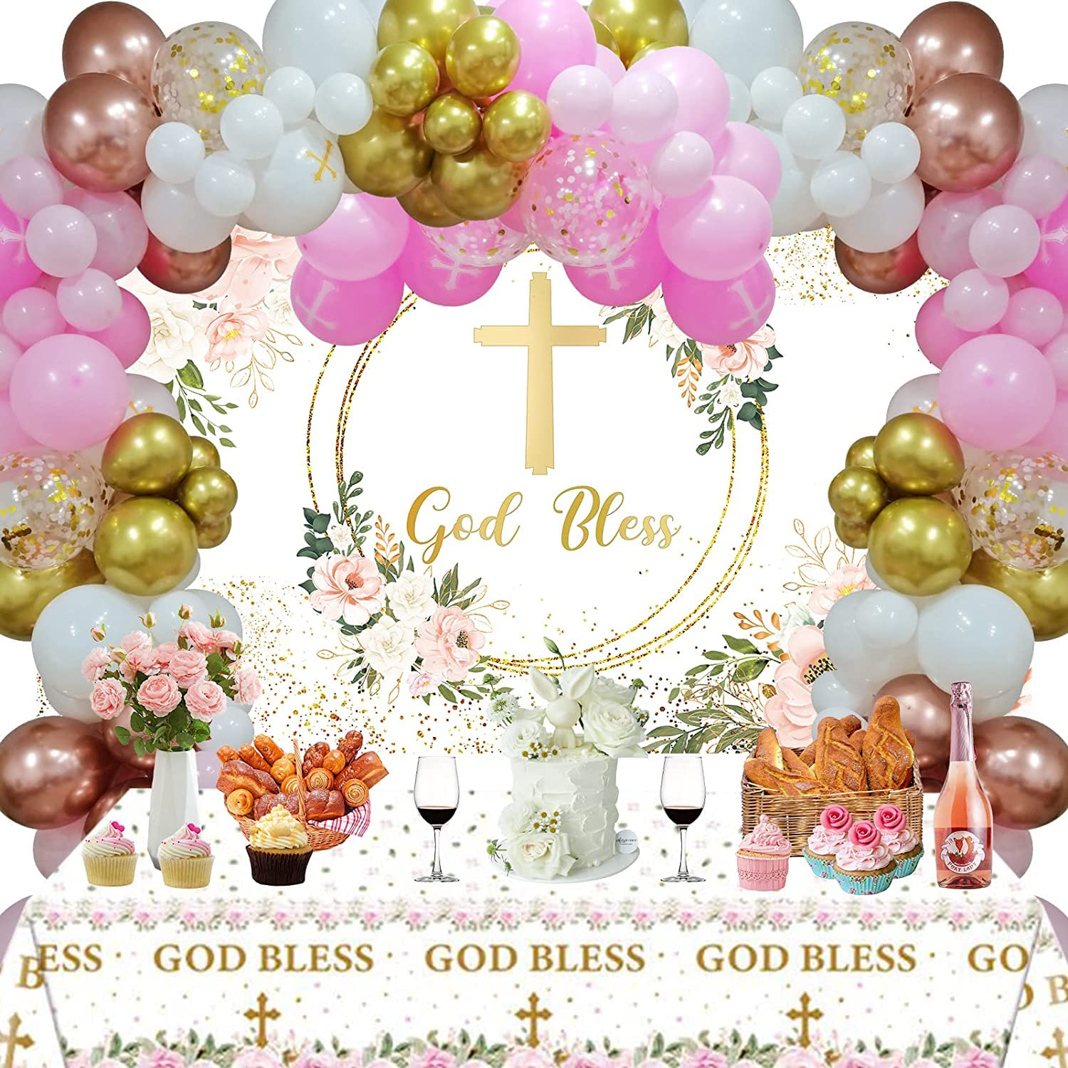 Baptism Decorations for Girls God Bless Party Decorations Floral God Bless Backdrop Banner,Pink Gold Balloon Garland,Cross Balloons Bautizo First Communion Christening Party Decorations,Baby Shower