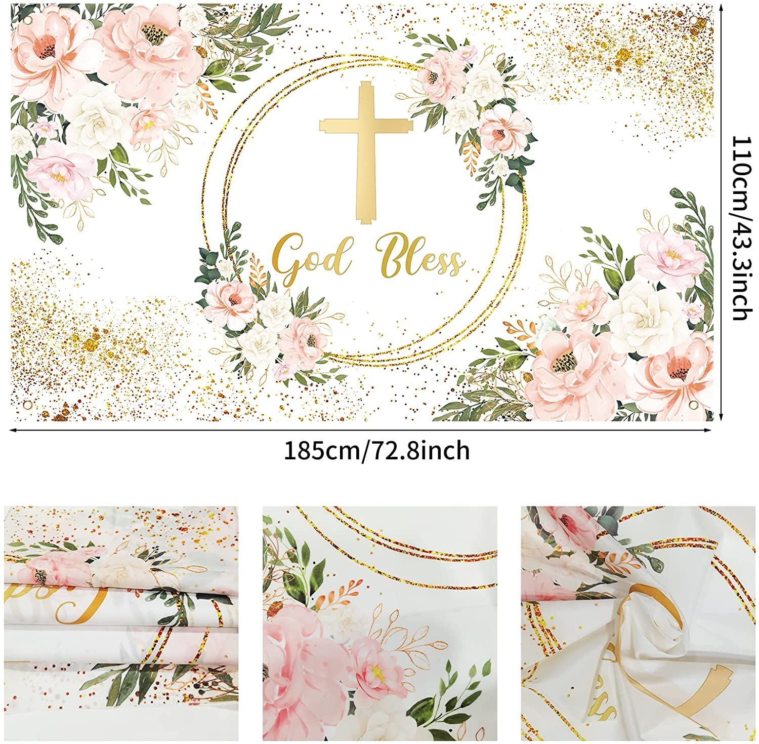 Baptism Decorations for Girls God Bless Party Decorations Floral God Bless Backdrop Banner,Pink Gold Balloon Garland,Cross Balloons Bautizo First Communion Christening Party Decorations,Baby Shower