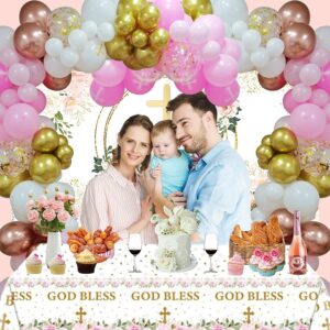 Baptism Decorations for Girls God Bless Party Decorations Floral God Bless Backdrop Banner,Pink Gold Balloon Garland,Cross Balloons Bautizo First Communion Christening Party Decorations,Baby Shower