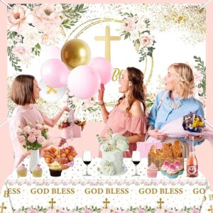 Baptism Decorations for Girls God Bless Party Decorations Floral God Bless Backdrop Banner,Pink Gold Balloon Garland,Cross Balloons Bautizo First Communion Christening Party Decorations,Baby Shower