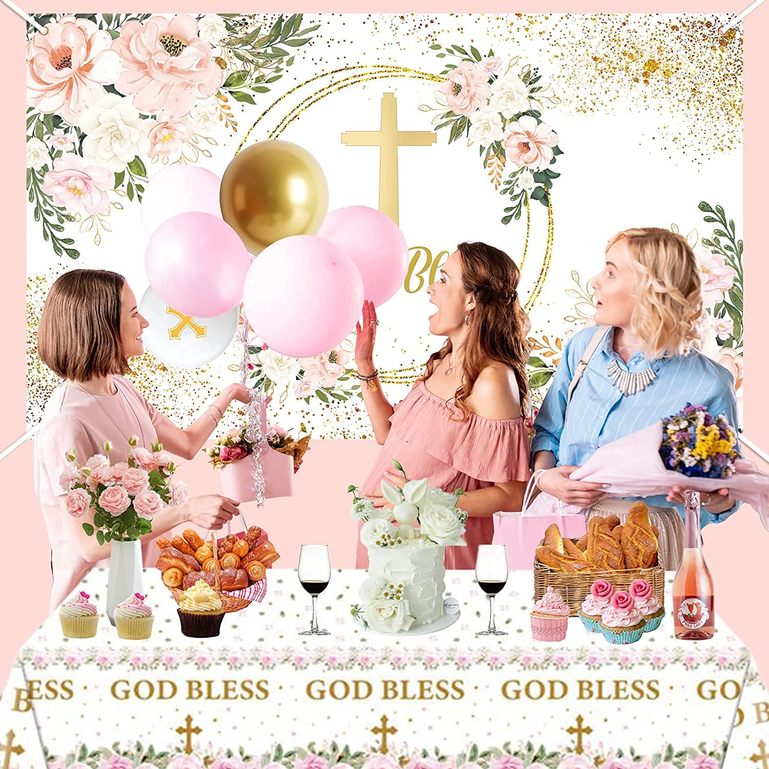 Baptism Decorations for Girls God Bless Party Decorations Floral God Bless Backdrop Banner,Pink Gold Balloon Garland,Cross Balloons Bautizo First Communion Christening Party Decorations,Baby Shower