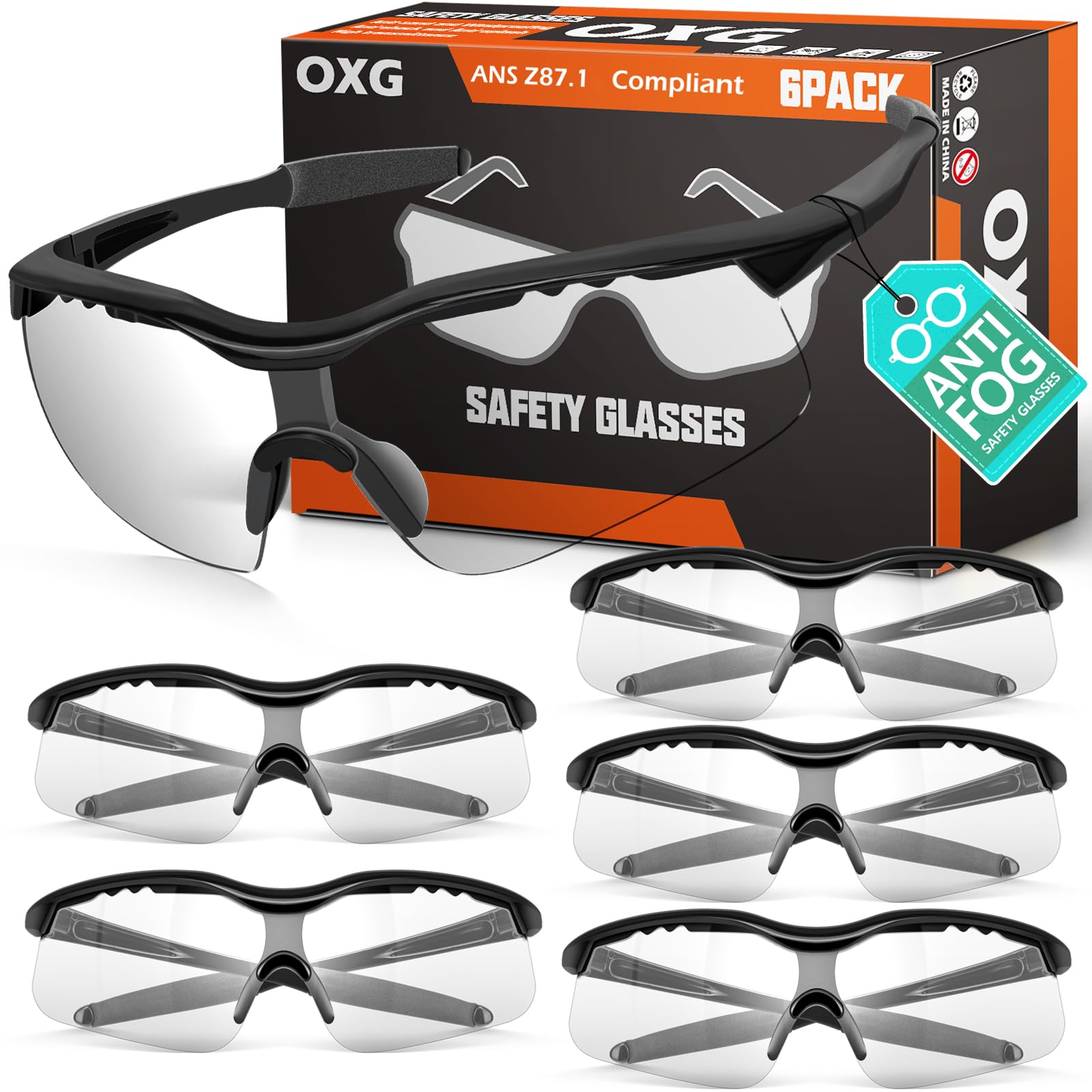 OXG 6 Pack Anti-Fog Safety Glasses, ANSI Z87 Impact & Scratch Resistant Protective Eyewear for Work, Lab, Construction (Clear)