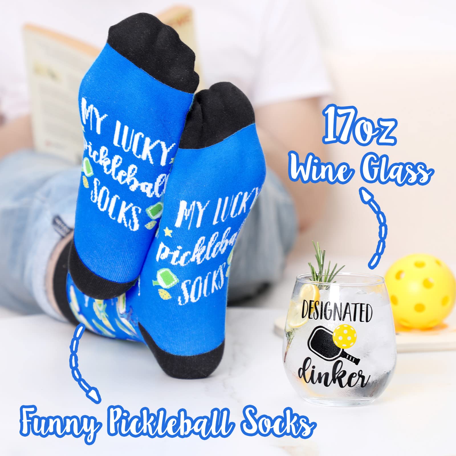 Nefelibata Father's Day Gfit Set Idea Man Pickleball Crew Socks,Stemless Wine Glass 17oz, Funny Pickleball Gifts for Coach, Dad, Birthday, Retirement