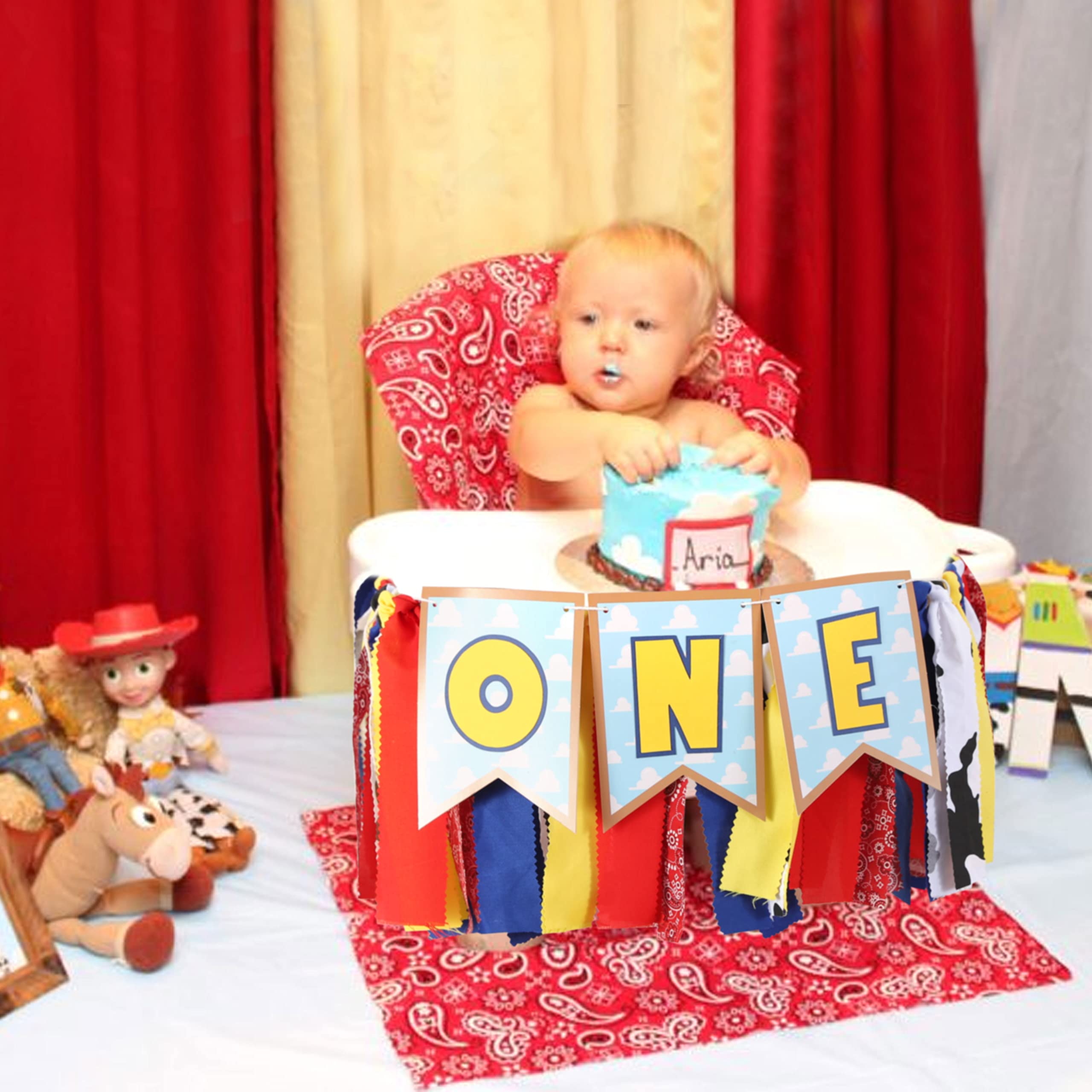 Toy Theme 1st Birthday Banner - Toy Inspiration Story's 1st Birthday High Chair Banner,Western Party Decorations, West Cowboy Banner,High Chair Banner,Baby Boy Photo Booth Props,Fabric Garland