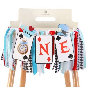 alice in wonderland one high chair banner - alice in wonderland birthday party decorations，alice wonderland first birthday high chair banner girl，1st birthday girl decoration，highchair banner 1st birthday girl，onederland 1st birthday girl one high cha