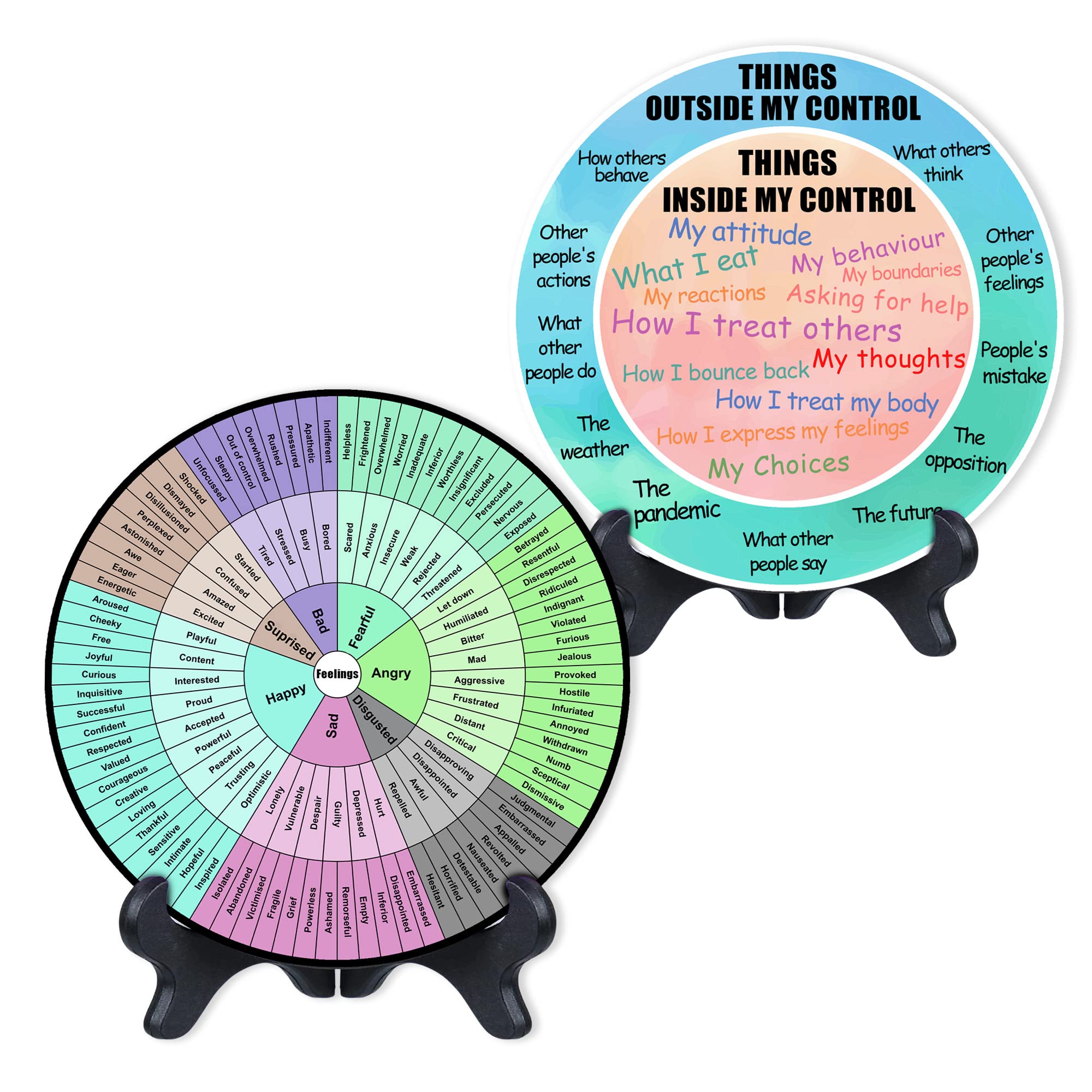 2Pcs Feelings Wheel Office Desk Decor, Double-Sided Wood Emotion Wheel with Black Base, Things Inside/Outside My Control Room Home Table Decoration Gift for Office Women Men